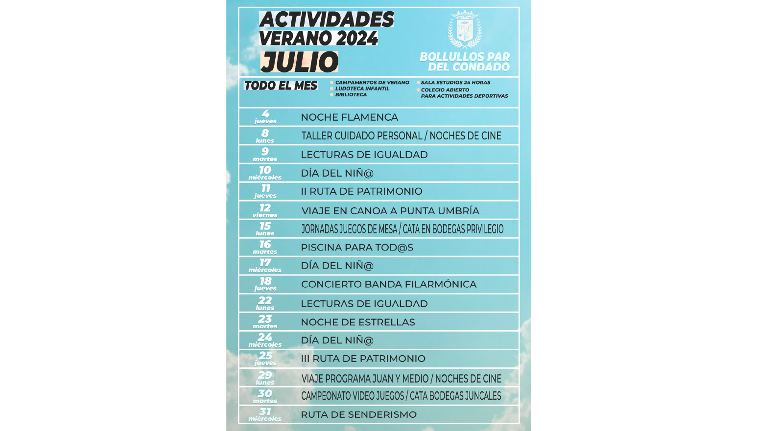 PROGRAMACIÓN ACTIVIDADES MES DE JULIO - VERANO 2024